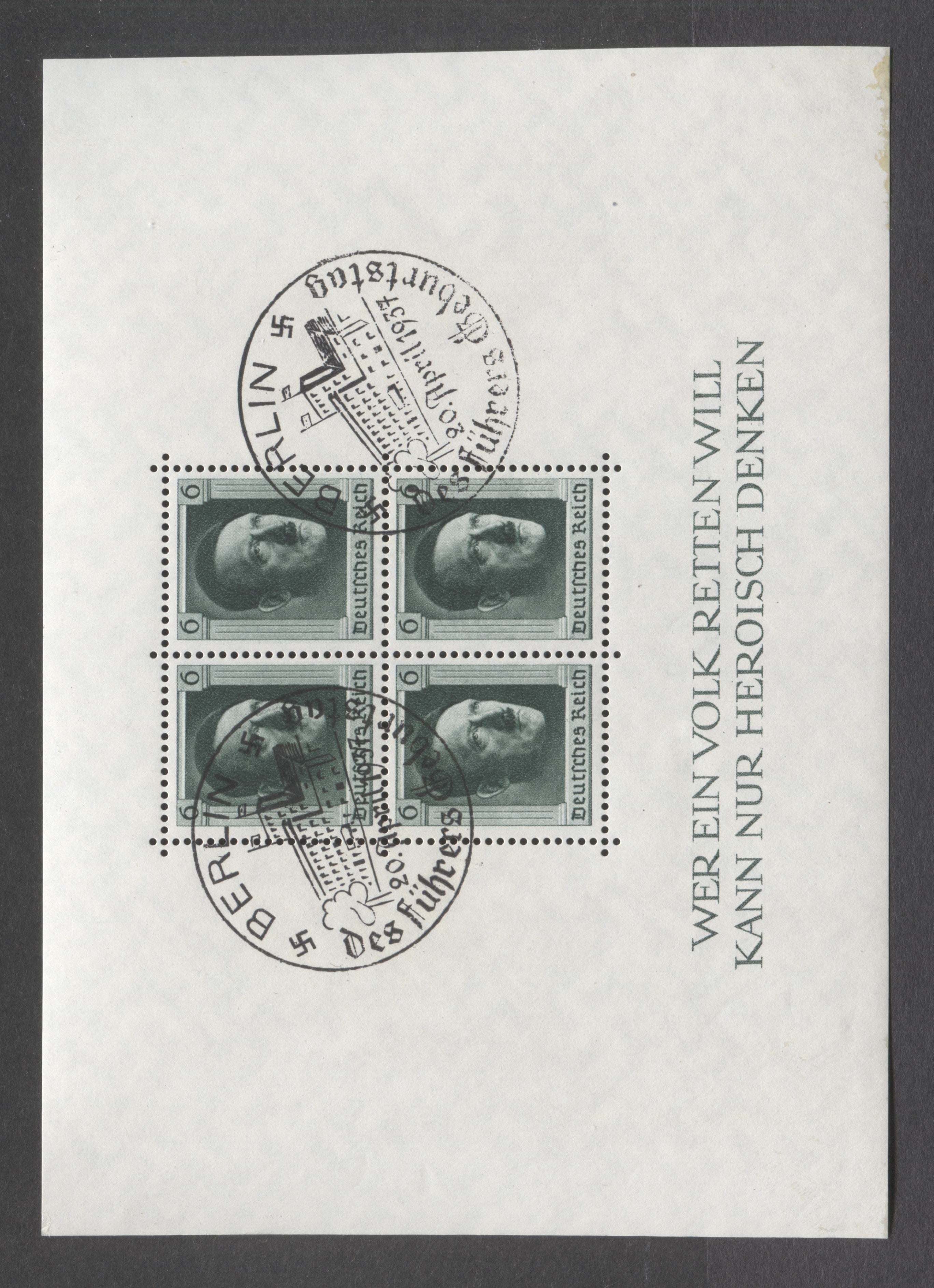 Lot 264 Germany SC#B102 (Mi7) 6pf Greenish Black 1937 Hitler's 48th Bi ...