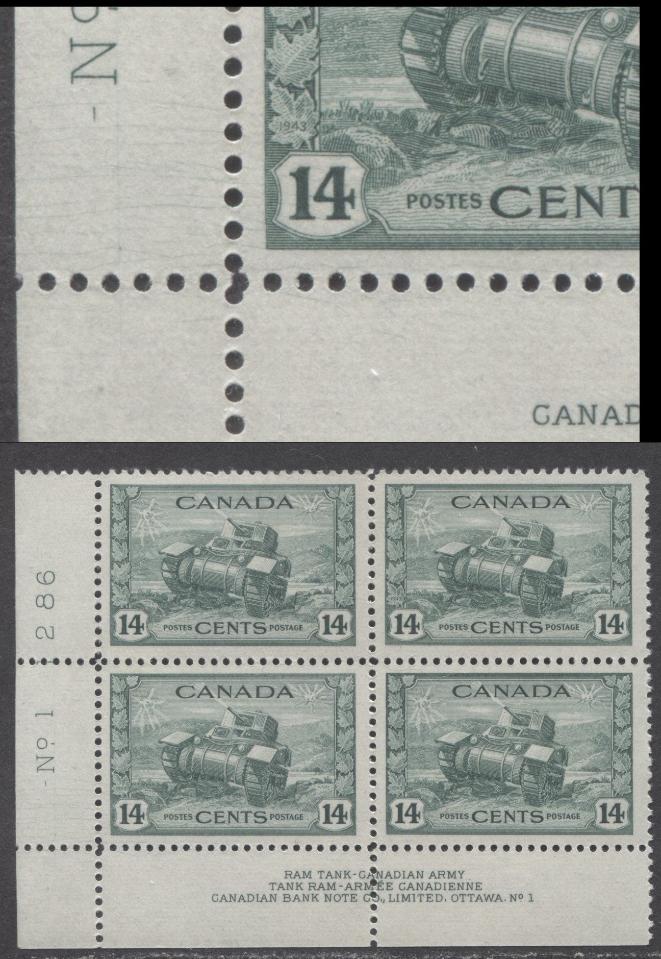 Lot 435 Canada #259i 14c Green Ram Tank, 1942-1943 War Issue, A VFNH L ...