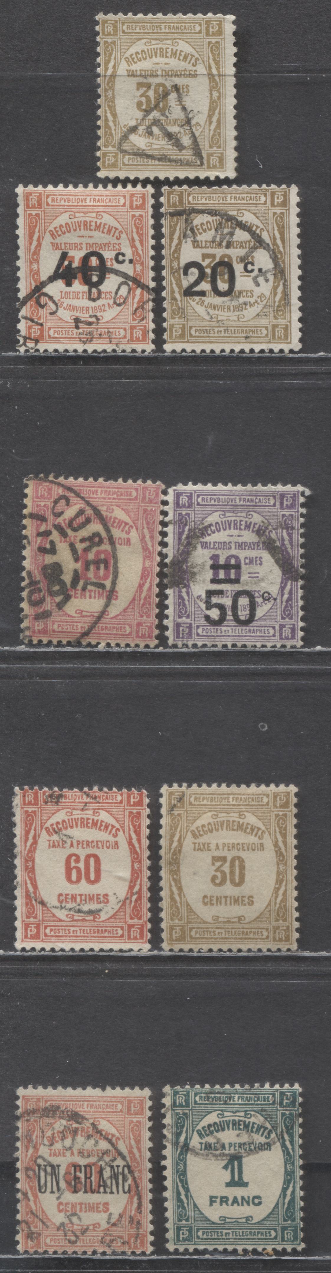 Lot 193 France SC#J48/J68 1909-1931 Postage Dues, 9 Fine/Very Fine Use ...