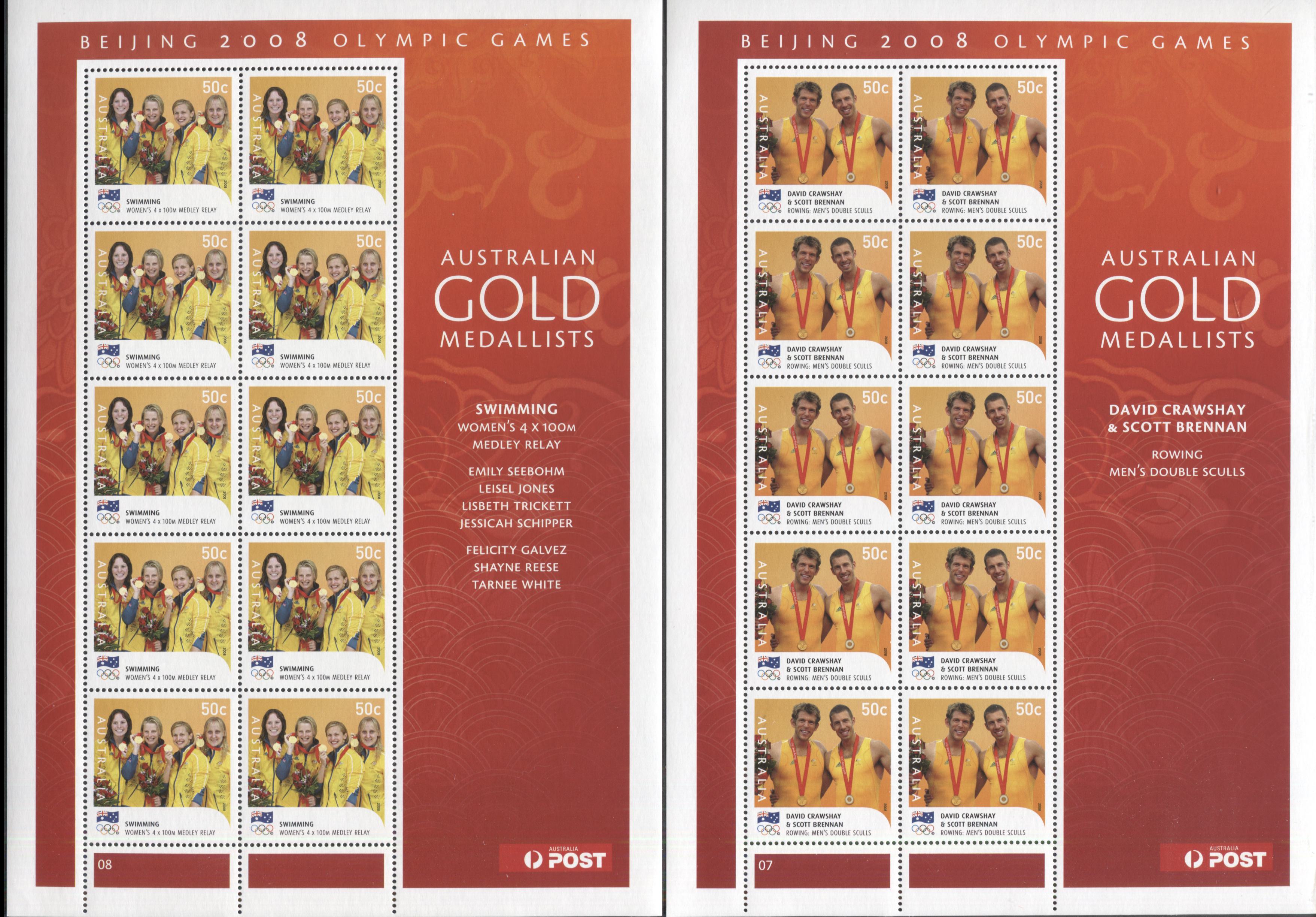 Lot 57 Australia SC#2918-2919 2008 Gold Medallists Issue, 2 VFNH Sheet ...