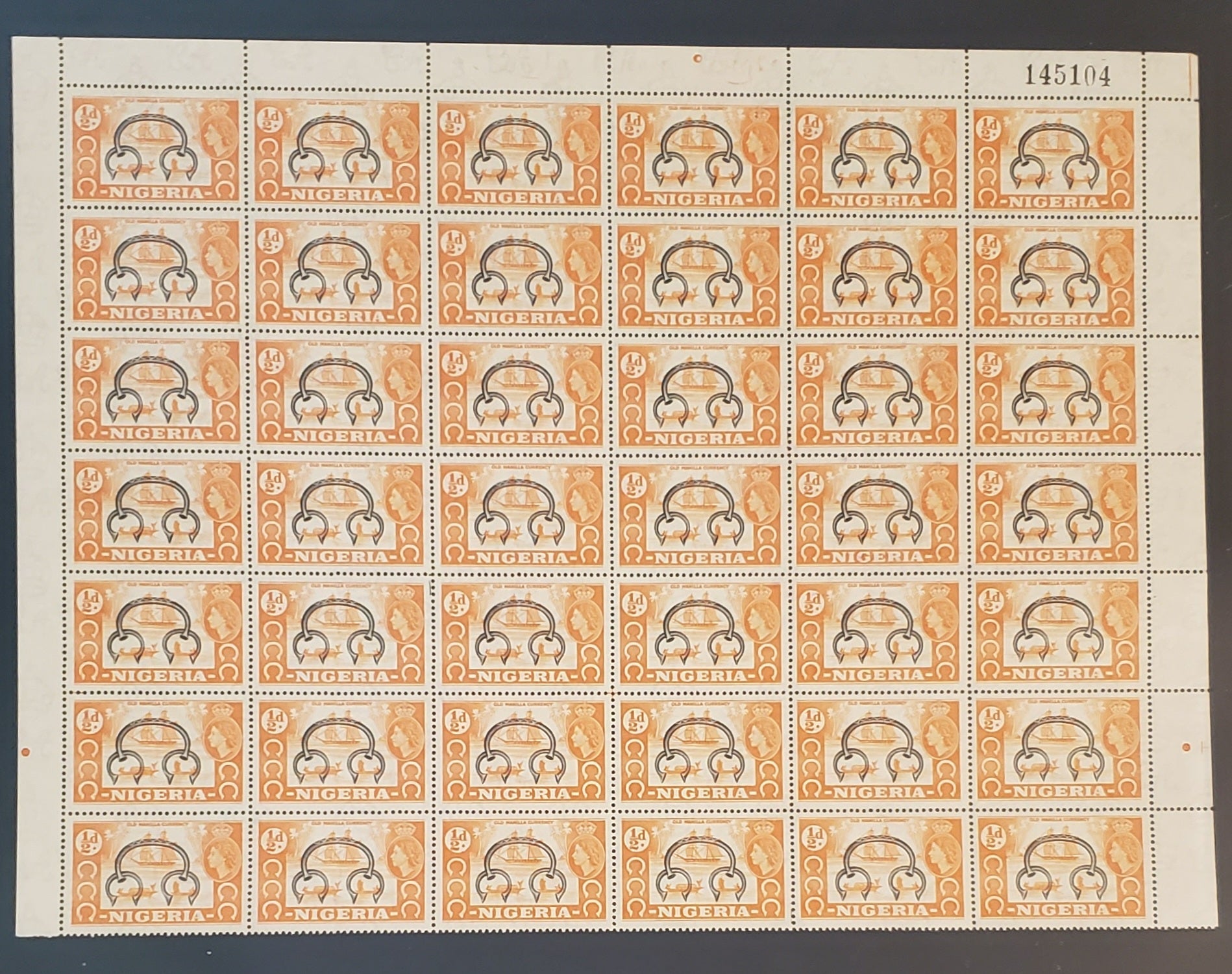 Lot 410 Nigeria #80 1/2d Black & Bright Red Orange Old Manilla Currenc ...