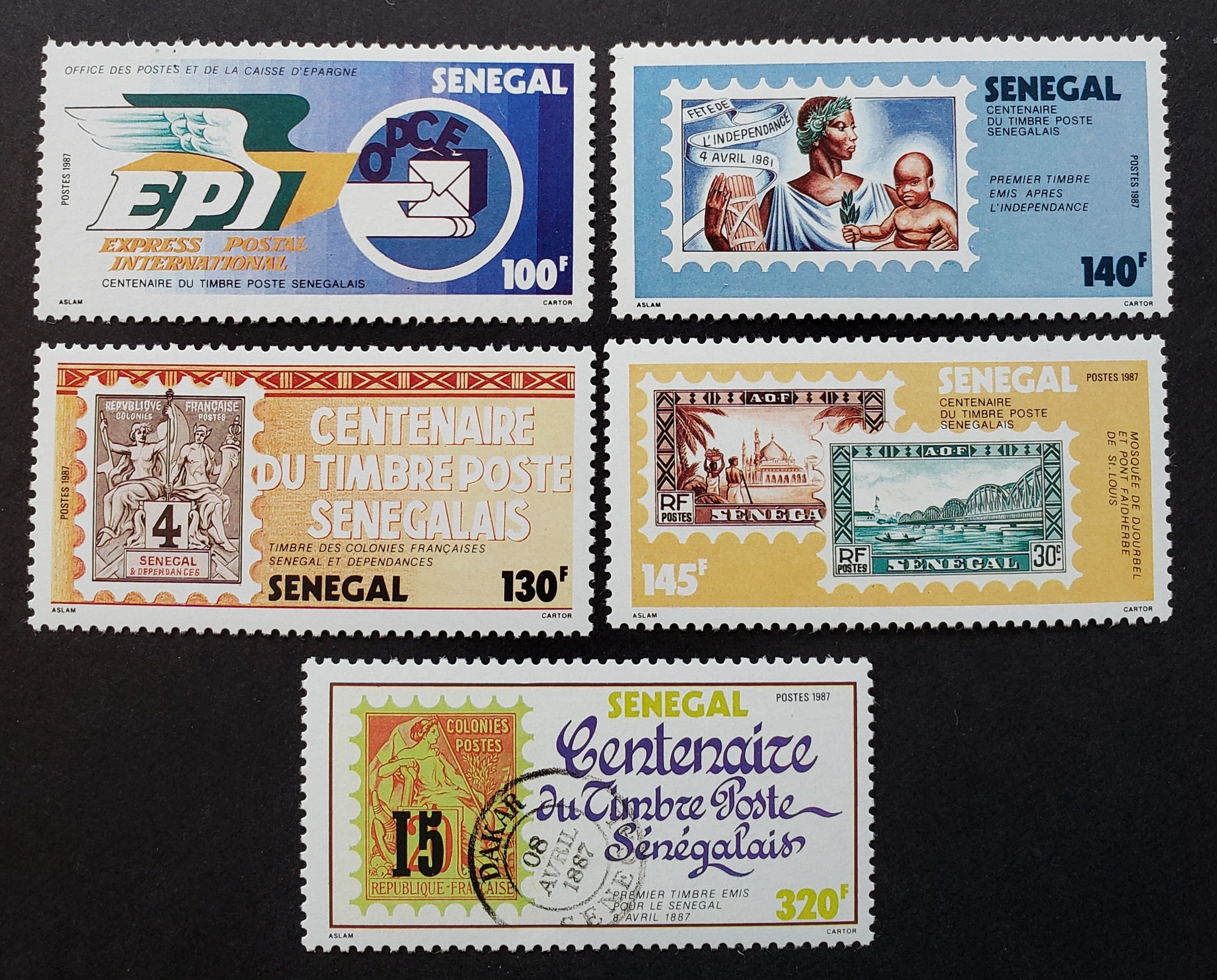 Lot 125 Senegal SC#706/710 1987 Senegal Stamp Cent. Issue, 5 VFNH Sing ...