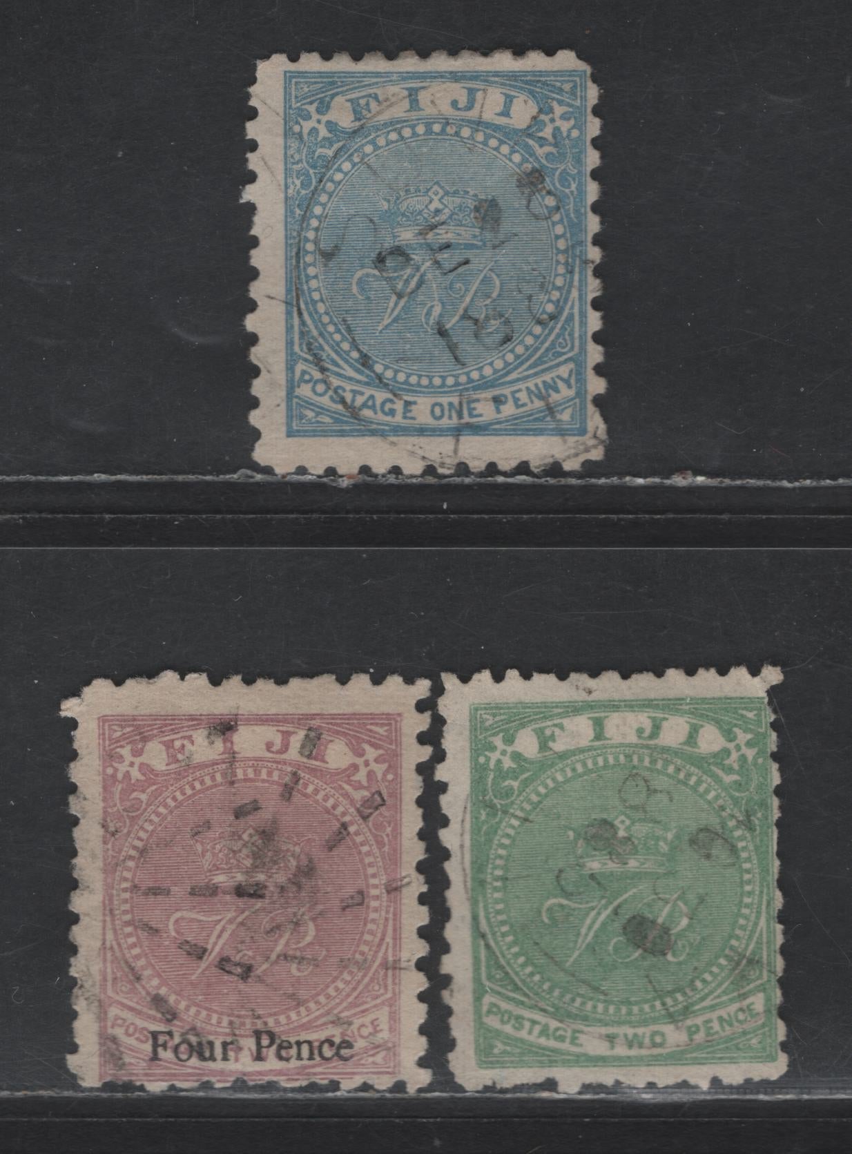 Lot 175 (C) Fiji SG#39-40, 42 1d - 4d on 2d Dull Blue - Lilac Emblems ...
