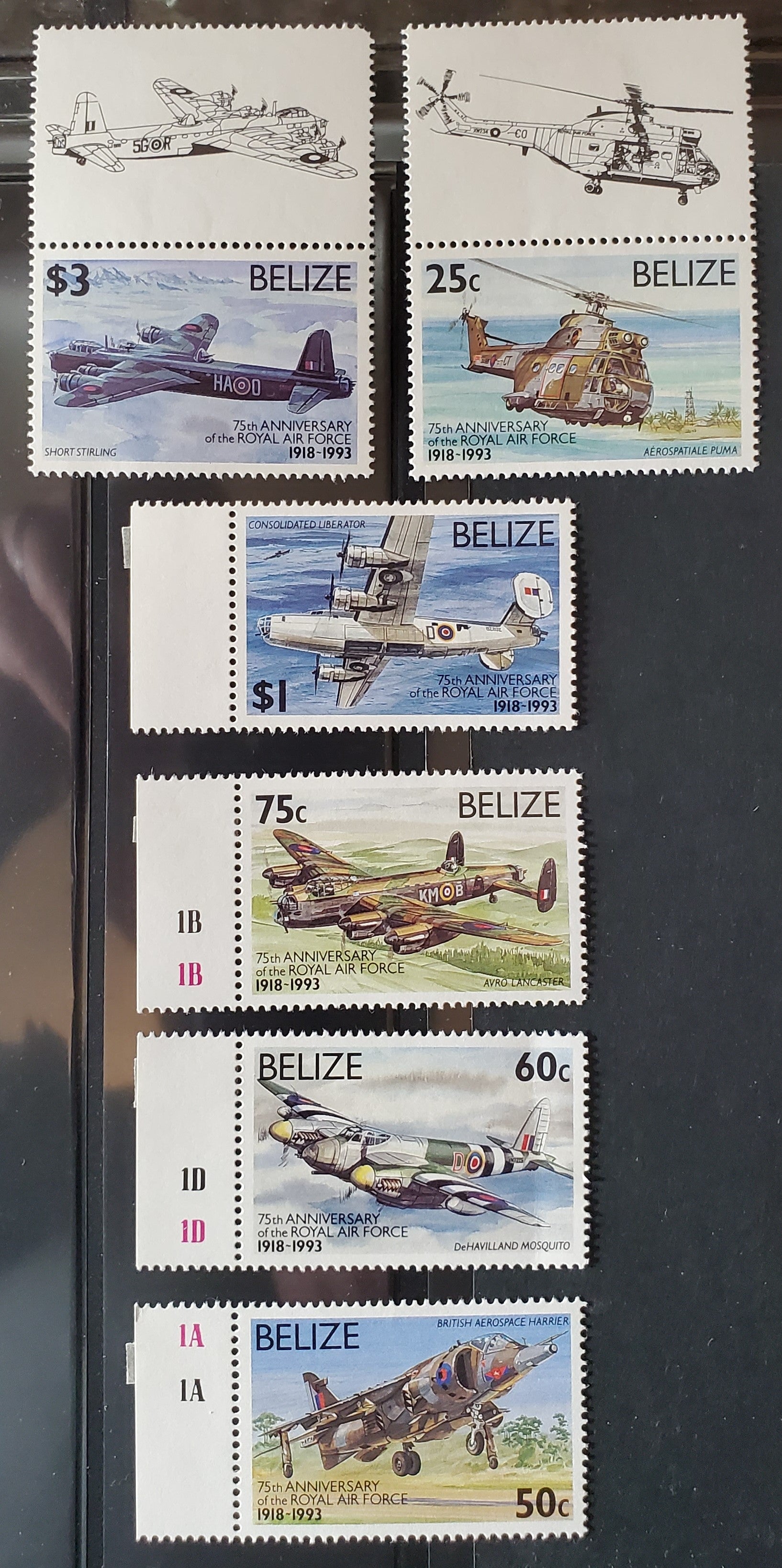 Lot 12 Belize SC#1003-1008 1993 RAF - 75th Anniversary, 6 VFNH Singles ...