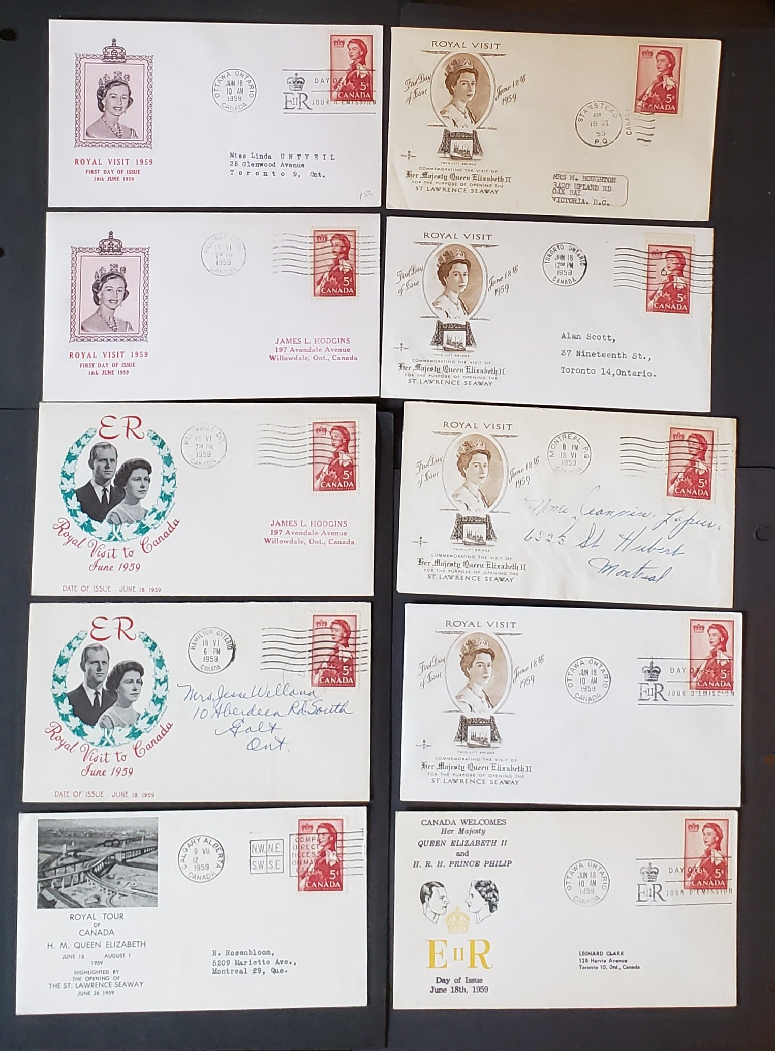 Lot 214 Canada #386 5c Dark Carmine Queen Elizabeth II 1959 Royal Visi ...
